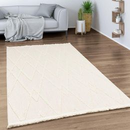 Teppich Wohnzimmer Esszimmer Boho Rauten Muster Geometrisch Mit Fransen Modern 80x150 cm, Creme 5 - Paco Home