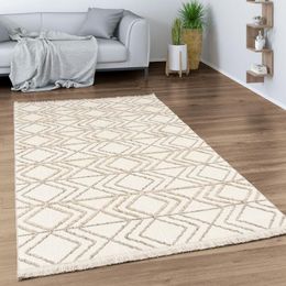 Paco Home - Teppich Wohnzimmer Esszimmer Boho Rauten Muster Geometrisch Mit Fransen Modern 80x150 cm, Creme 3