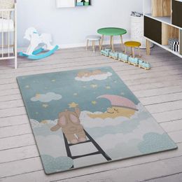Kinderteppich Kinderzimmer Teppich Spielmatte Sterne Wolken Mond Hase Türkis Creme 80 cm Rund - Paco Home