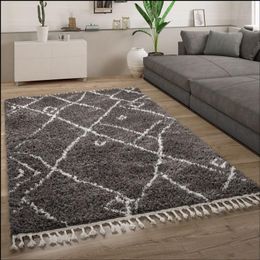 Paco Home - Hochflor Teppich Wohnzimmer Shaggy Skandinavisch Fransen Flauschig Modern 140x200 cm, Anthrazit 2