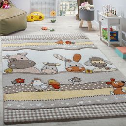 Kinderteppich Kinderzimmer Lustige Bauernhof Tiere Konturenschnitt Beige Grau 133 cm Quadrat - Paco Home