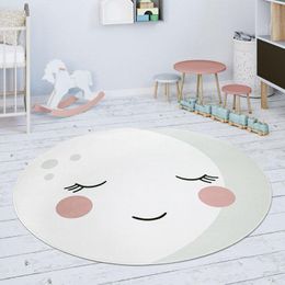 Paco Home - Kinderteppich Teppich Rund Kinderzimmer Spielmatte Mond Motiv Creme Weiß 80 cm Rund