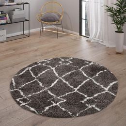 Hochflor Teppich Wohnzimmer Shaggy Skandinavisch Fransen Flauschig Modern Anthrazit, 200 cm Rund - Paco Home