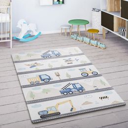 Paco Home - Kinderteppich Kinderzimmer Teppich Spielmatte Rutschfest Berge Wolken Creme Blau 80 cm Rund