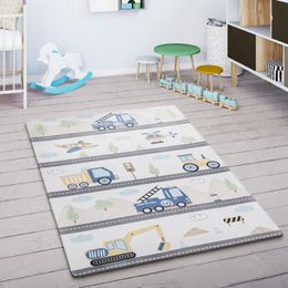 Paco Home - Kinderteppich Kinderzimmer Teppich Spielmatte Rutschfest Berge Wolken Creme Blau 150 cm Rund