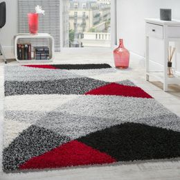 Paco Home - Shaggy Teppich Hochflor Langflor Weich Geometrisch Gemustert Grau Schwarz Rot 120x170 cm