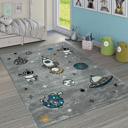 Kinderteppich Jungen Mädchen Grau Kinderzimmer Kurflor Weltall Astronaut 80x150 cm - Paco Home