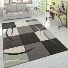 Designer Teppich Modern Konturenschnitt Pastellfarben Mit Karo Muster Beige Grün 80x300 cm - Paco Home