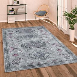 Paco Home - Teppich Wohnzimmer Flachgewebe Vintage Orient Ornamente Bordüre Waschbar 140x200 cm, Grau