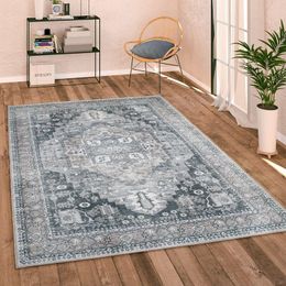 Paco Home - Teppich Wohnzimmer Flachgewebe Vintage Orient Ornamente Bordüre Waschbar 120 cm Rund, Grau 2