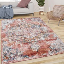 Teppich Wohnzimmer Kurzflor Vintage Moderne Orient Optik Abstrakt Rot Creme Blau 200 cm Rund - Paco Home