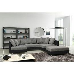 Wohnlandschaft Sofa Couch Ecksofa Eckcouch + Hocker schwarz / hellgrau Minsk xxl