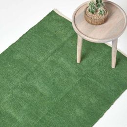 Olivgrüner Chenille-Teppich mit naturfarbenem Rand aus 100% Baumwolle, 110 x 170 cm - Dunkelgrün - Homescapes