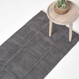 Grauer Chenille-Teppich mit naturfarbenem Rand aus 100% Baumwolle, 66 x 200 cm - Dunkelgrau - Homescapes