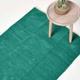 Blaugrüner Chenille-Teppich mit naturfarbenem Rand aus 100% Baumwolle, 90 x 150 cm - Türkis - Homescapes