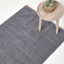 Grauer Chenille-Teppich mit naturfarbenem Rand aus 100% Baumwolle, 90 x 150 cm - Dunkelgrau - Homescapes