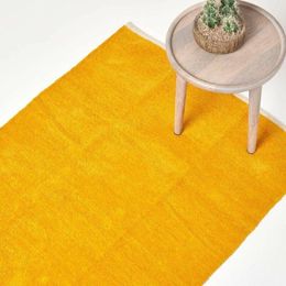 Senfgelber Chenille-Teppich mit naturfarbenem Rand aus 100% Baumwolle, 110 x 170 cm - SenfGelb - Homescapes