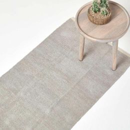 Homescapes Hellgrauer Chenille-Teppich mit naturfarbenem Rand aus 100% Baumwolle, 66 x 200 cm - Hellgrau