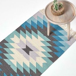 Handgewebter Kelim-Teppich Helsinki aus Wolle und Baumwolle mit blauem geometrischem Muster, 160 x 230 cm - Blau, Schwarz, Grau, GrauWeiß - Homescapes