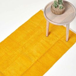 Homescapes Senfgelber Chenille-Teppich mit naturfarbenem Rand aus 100% Baumwolle, 66 x 200 cm - SenfGelb
