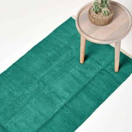 Blaugrüner Chenille-Teppich mit naturfarbenem Rand aus 100% Baumwolle, 66 x 200 cm - Türkis - Homescapes