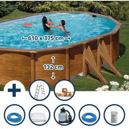 GRE Stahlwandpool Set (7-teilig) hoch oval 610 x 375 x 132 cm, Stahl 0,45 mm Holzoptik Folie 0,4 mm blau