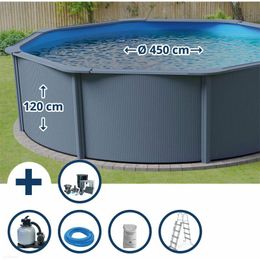 GRE Stahlwandpool Set (5-teilig) hoch rund Classic 450 x 120 cm, Stahl 0,45mm anthrazit Folie 0,3mm blau