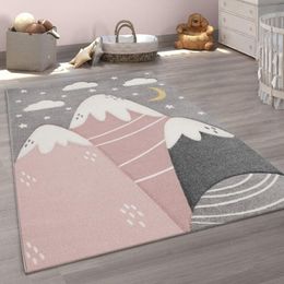Paco Home Teppich Kinderzimmer Kinderteppich Spielteppich Pastell 3D Berge Wolken Sterne Grau, 120 cm Rund