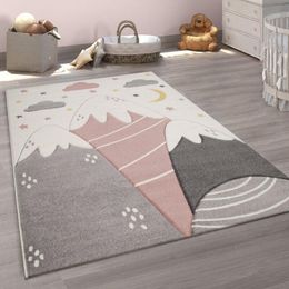 Paco Home - Teppich Kinderzimmer Kinderteppich Spielteppich Pastell 3D Berge Wolken Sterne Pink, 200 cm Rund