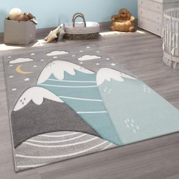 Teppich Kinderzimmer Kinderteppich Spielteppich Pastell 3D Berge Wolken Sterne 140x200 cm, Grau-Blau - Paco Home