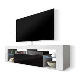 Selsey - bianko - TV-Lowboard stehend in Weiß Matt/Schwarz Hochglanz mit Klappe und LED-Beleuchtung, 140 cm