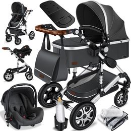 Kesser® Loops 3 in 1 Kinderwagen Kombikinderwagen Komplettset incl. Babywanne & Buggy Sportsitz & Auto-Babyschale - Voll-Gummireifen - Wickeltasche/Regenschutz/Kindertisch Set