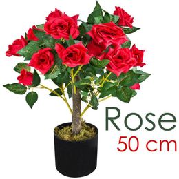 Decovego Rose Rosenstock Rosenbusch Kunstpflanze Künstliche Pflanze mit Blüten Rot Echtholz 50 cm Kunstblume Innendekoration Kunst Pflanze wie echt im Topf