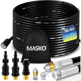 Masko - Premium Rohrreinigungsschlauch Set Abflussreiniger 200 bar inkl. Tasche 3 Adapter 2 Düsen + rotierend kompatibel mit Kärcher 15m / Schwarz