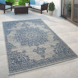 Paco Home - Outdoor Teppich Blau Beige Orient Design Blumen Muster Balkon Wohnzimmer 120x170 cm