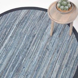 Handgewebter gestreifter Chindi-Teppich aus Jeansstoff in Blau, 150 cm rund - Blau - Homescapes