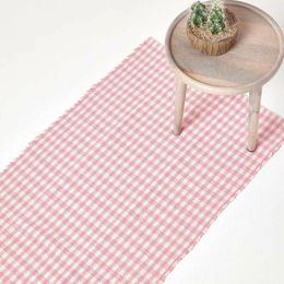 Homescapes - Pink-weiß karierter handgewebter Teppich aus Baumwolle, 66 x 200 cm - Rosa