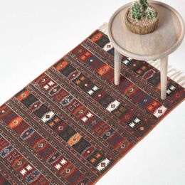 Traditioneller Kelim-Teppich aus Baumwolle in Terracotta, Schwarz und Braun, 66 x 200 cm - Terracotta, Schwarz und Braun - Homescapes