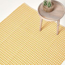 Homescapes - Gelb-weiß karierter handgewebter Teppich aus Baumwolle, 110 x 170 cm - Gelb