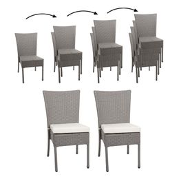 2er-Set Poly-Rattan Stuhl MCW-G19, Balkonstuhl Gartenstuhl, stapelbar ~ grau, Kissen creme