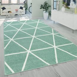Teppich Wohnzimmer Skandi Design Rauten Muster Pastell Weich Kurzflor Grün Weiß 70x250 cm - Paco Home