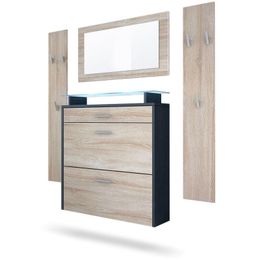 Vladon Garderobenset Garderobe Paneele Schuhschrank Spiegel Malea Anthrazit - Fronten in Eiche sägerau mit blauer led Beleuchtung - Fronten in Eiche sägerau