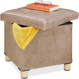 Samthocker mit Stauraum, Tablett im Deckel, mit Holzbeinen, eckiger Sitzhocker, hbt: 35 x 38 x 38 cm, creme - Relaxdays