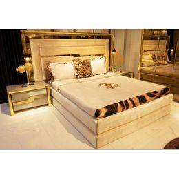 JVmoebel Schlafzimmer-Set Luxus Betten Gold Bett Textil 2x Nachttisch 3 tlg. Set Möbel Modern