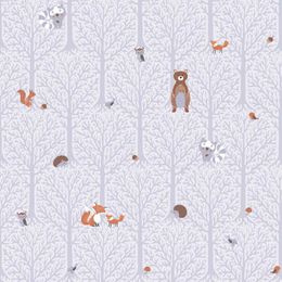 Wald Tapete für Kinderzimmer Graue Kindertapete mit Waldtieren ideal für Jungenzimmer Tier Vliestapete mit Fuchs und Bär - Grey, White, Brown, orange
