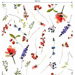 Hagebutte Vliestapete Blumen Tapete Johannisbeeren Blumenwiese Botanische Blüten 0,48 m x 10,08 m - bunt