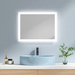Emke - Badspiegel mit Beleuchtung led Wandspiegel Badezimmerspiegel, 60x45cm, Kaltweißes/Warmweißes Licht, Knopfschalter, Beschlagfrei