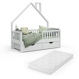 Kinderbett Noemi" 140x70cm Weiß mit Matratze, Rausfallschutz und Schubladen Vitalispa