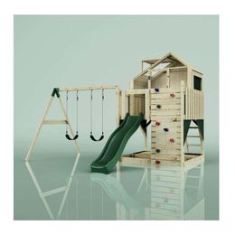Rebo Spielturm mit Spielhaus inkl. Wellenrutsche und 2x Kinder-Schaukel Outdoor Klettergerüst Garten, Ausführung: Trapezstange, Farbe: Smaragdgrün