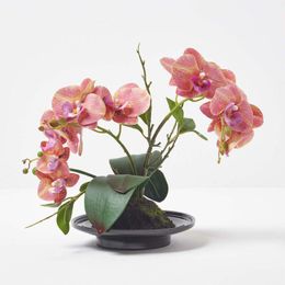 Homescapes Künstliche pfirsichfarbene Phalaenopsis-Orchidee im schwarzen Keramik-Topf, 32 cm - Pfirsich